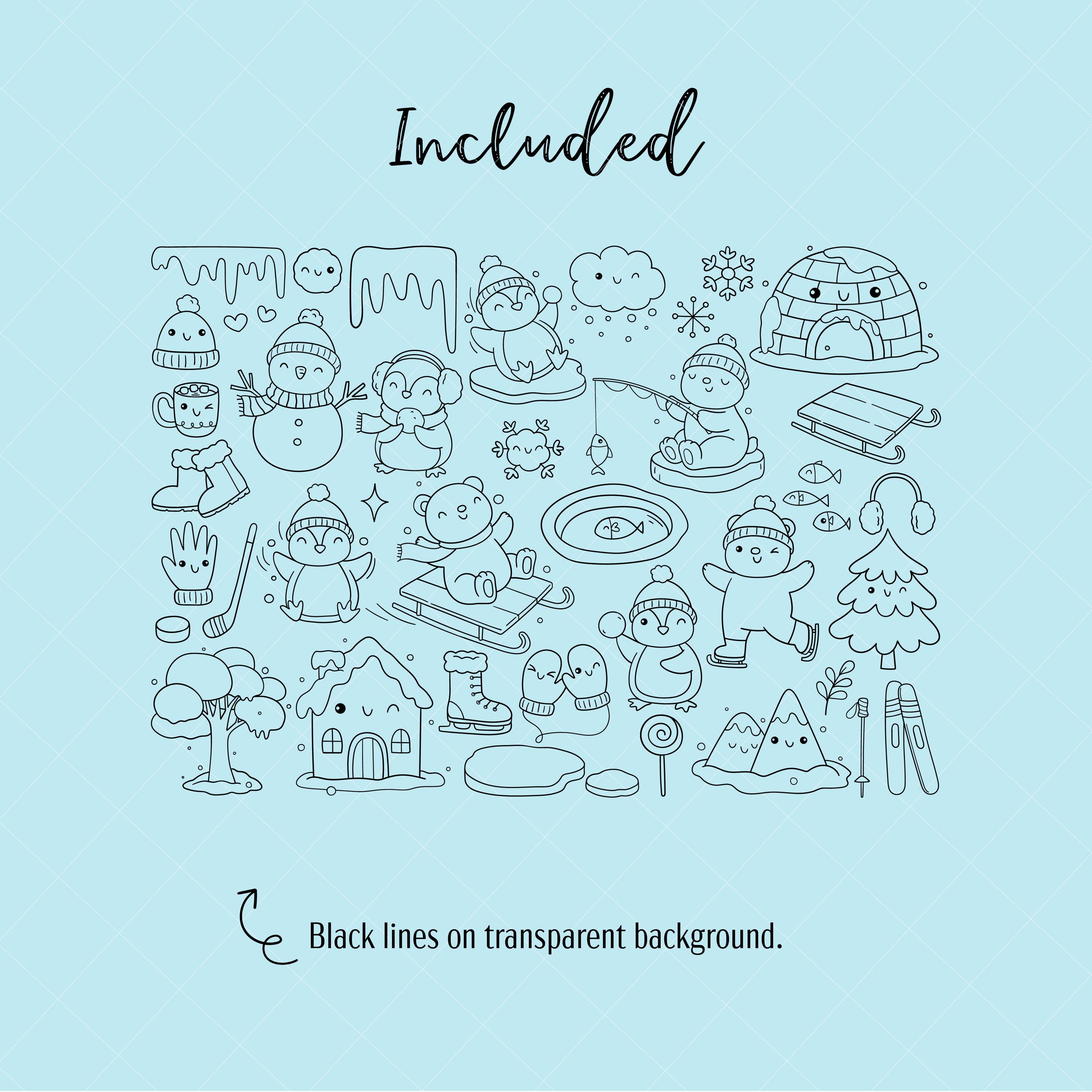 Doodle Snow Day Digital Stamp, Cozy Coloring, Outline Winter Things ...