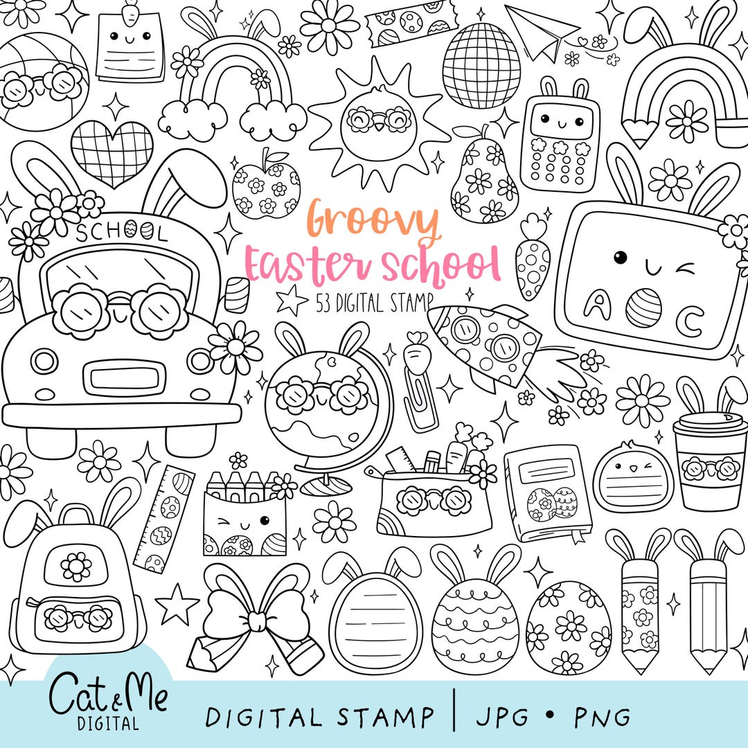 Doodle Easter School Digital Stamp Outline Spring Coloring Chick Bunny ...
