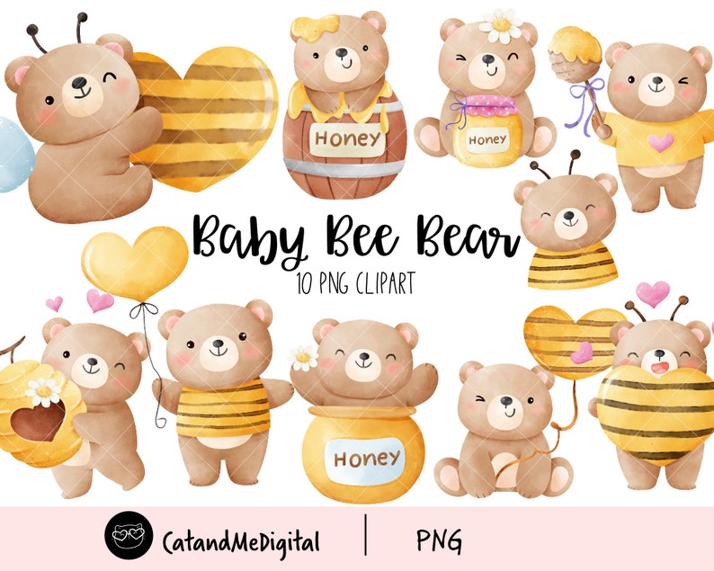 Watercolor Bee Bear Clipart Animal Woodland Png Bee Honey - Etsy