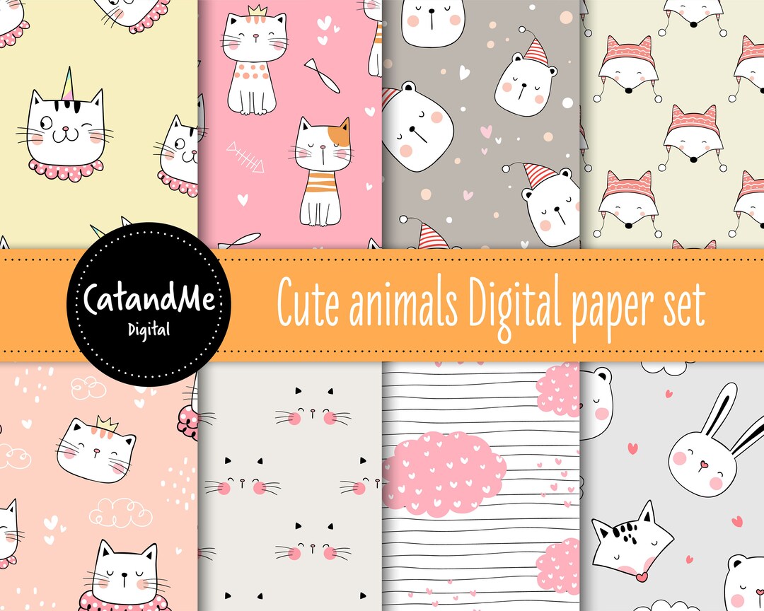 Happy Animals Digital Paper Pack Decoration Fabric Digital Background ...