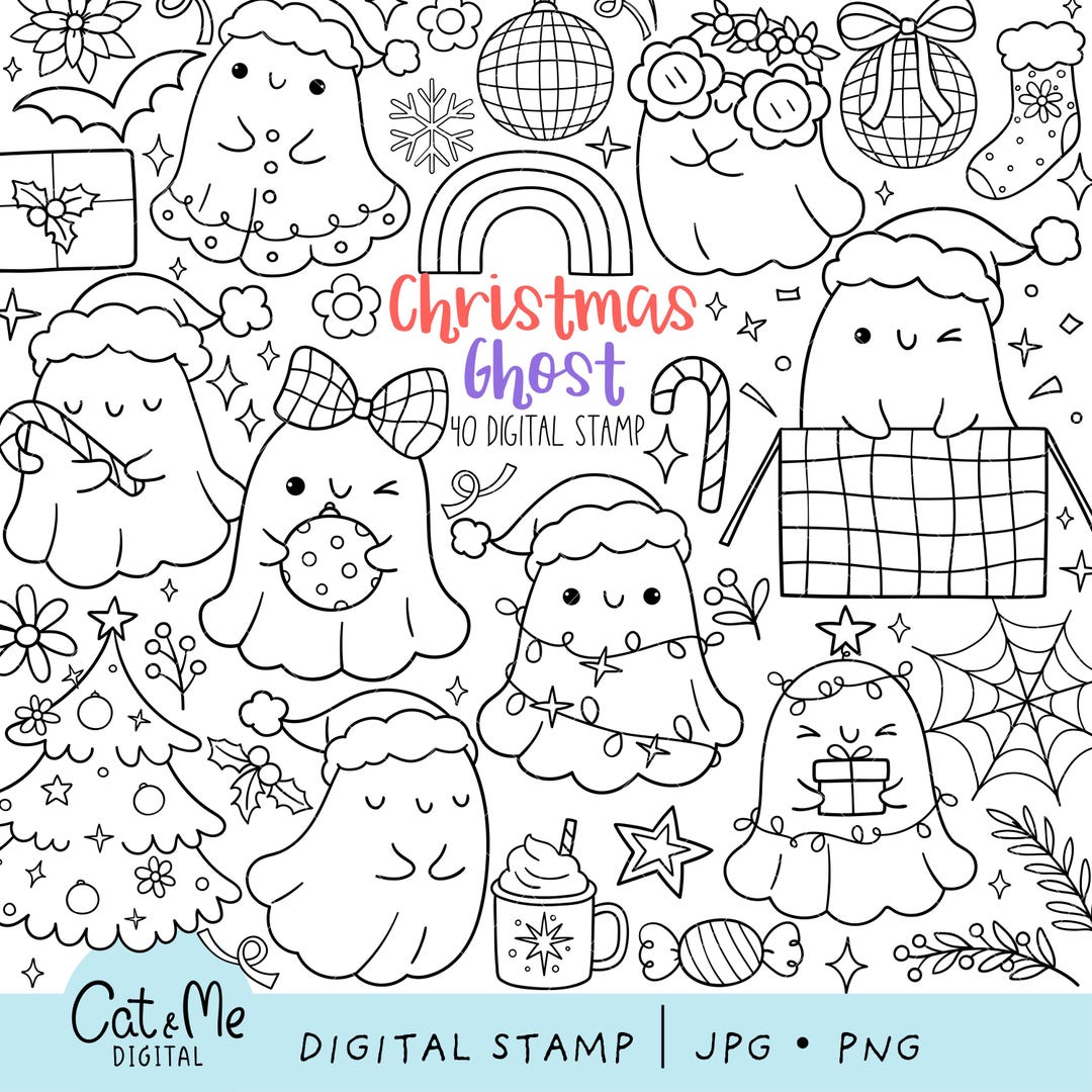 Christmas Ghost Digital Stamp Groovy Disco Coloring Doodle Spooky ...