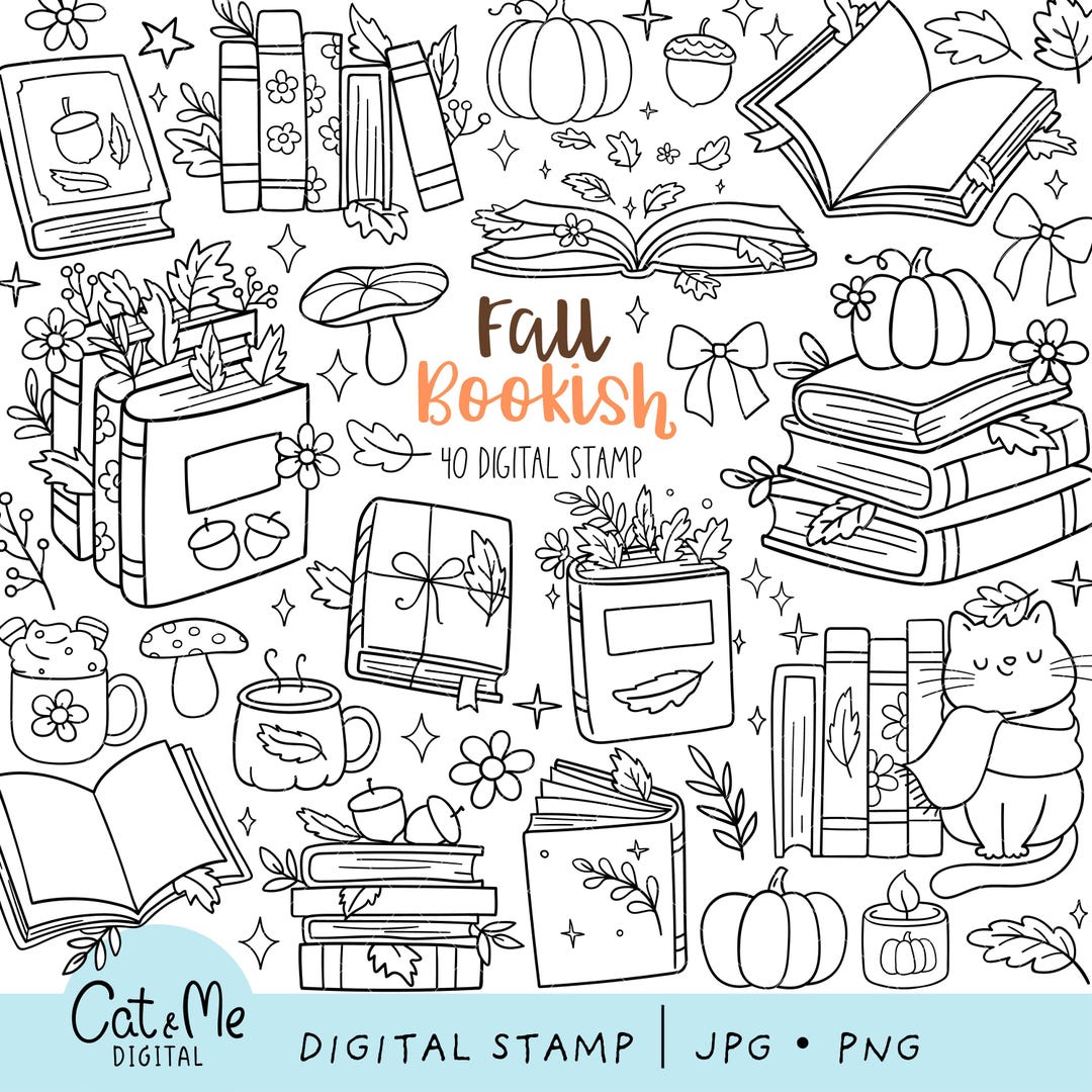 Fall Bookish Digital Stamp Autumn Reading Stamp Outline Cozy Readers ...