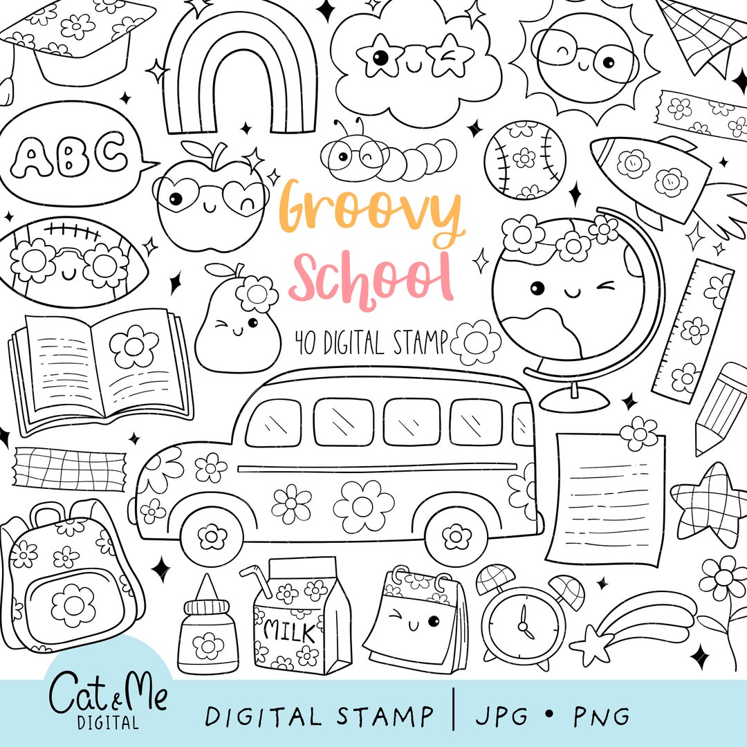Groovy School Digital Stamp Doodle Outline Coloring Retro Back to ...