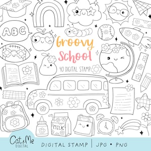 Groovy School Digital Stamp Doodle Outline Coloring Retro Back to ...