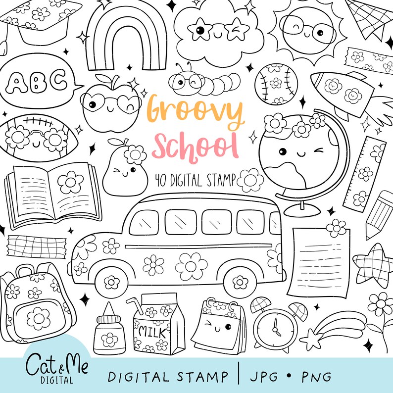 Groovy School Digital Stamp Doodle Outline Coloring Retro Back to ...