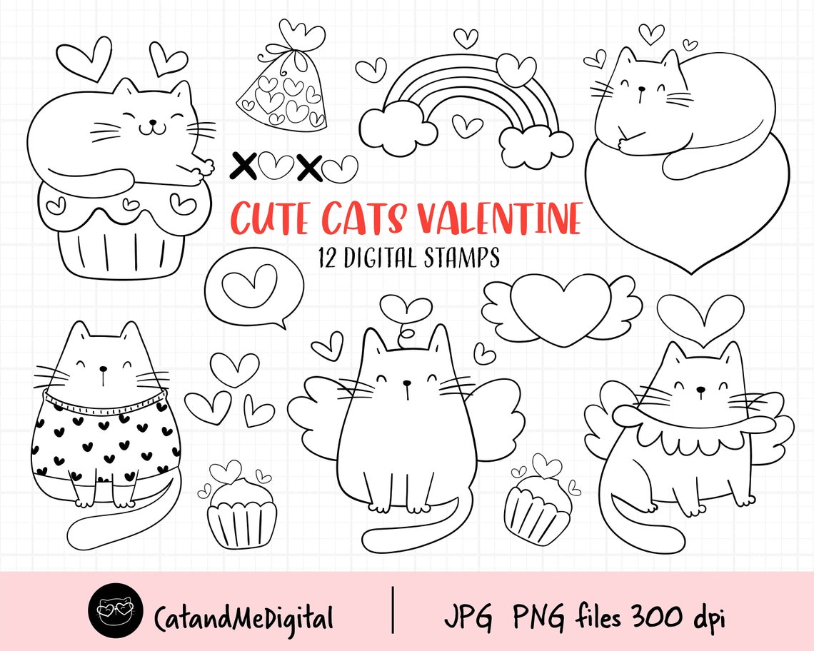 Valentine Cat Digital Stamp Clipart Cat Clipart Cat Outline | Etsy