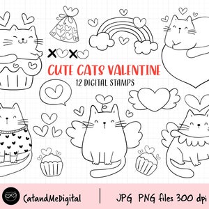 Valentine Cat Digital Stamp Clipart Cat Clipart Cat Outline Digistamp ...