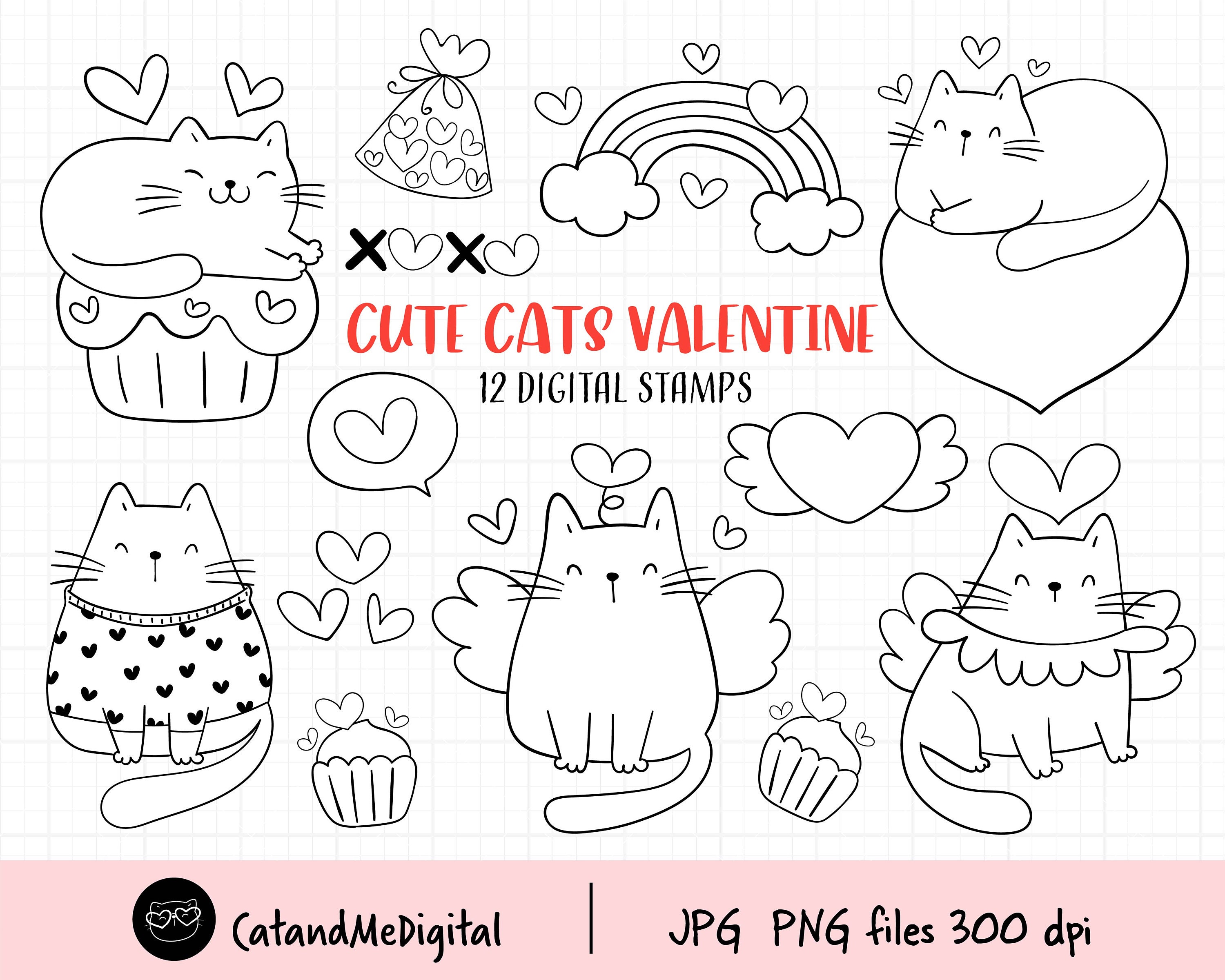 Valentine Cat Digital Stamp Clipart Cat Clipart Cat Outline - Etsy