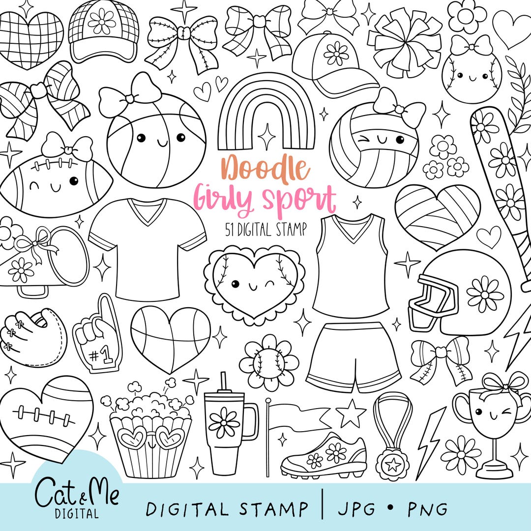 Doodle Girly Sport Digital Stamp Outline Basebal Basketball Football ...