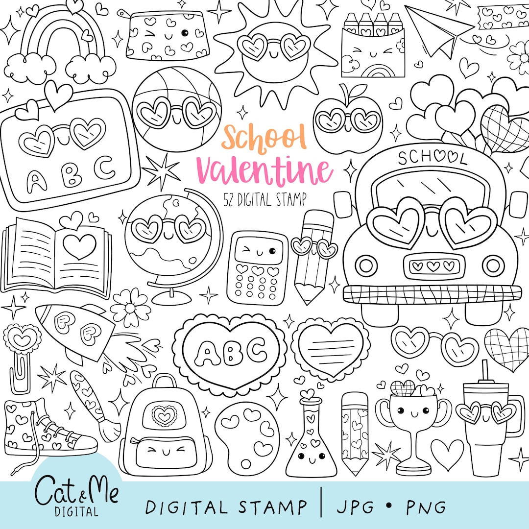 Doodle School Valentine Digital Stamp Outline Teacher Valentine Png ...