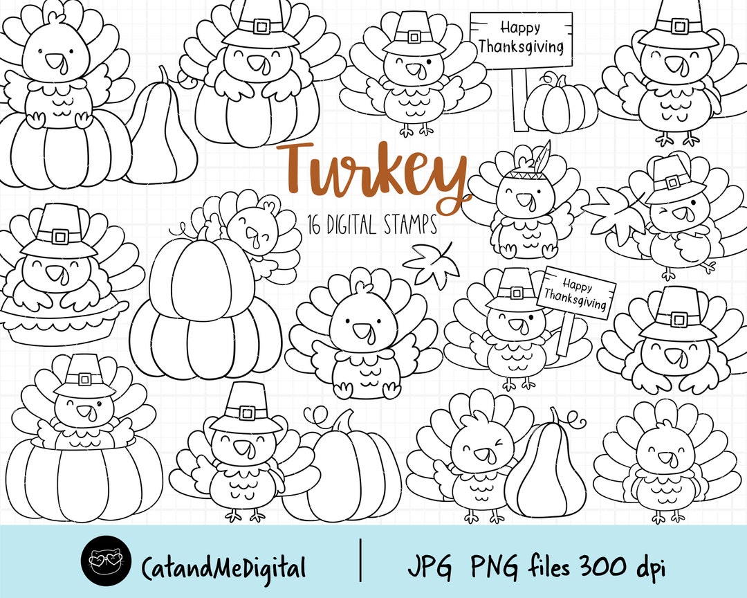 Cute Turkey Digital Stamp Outline Coloring Autumn Clipart Fall Clipart ...