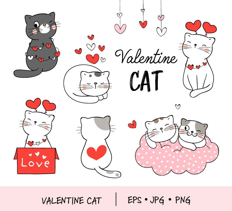 Cat valentine clipart Cute cat Happy cat Digital cat download | Etsy