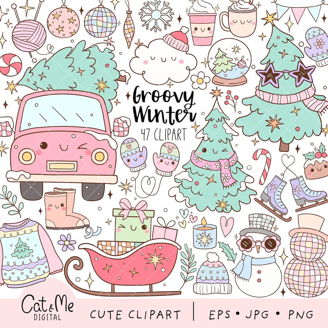 Groovy Retro Winter Clipart Christmas Clipart Winter Vibes Png Pastel ...