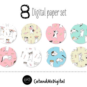 Happy Cat and Fish Digital Paper. Kitten Patterns for Fabric Print ...