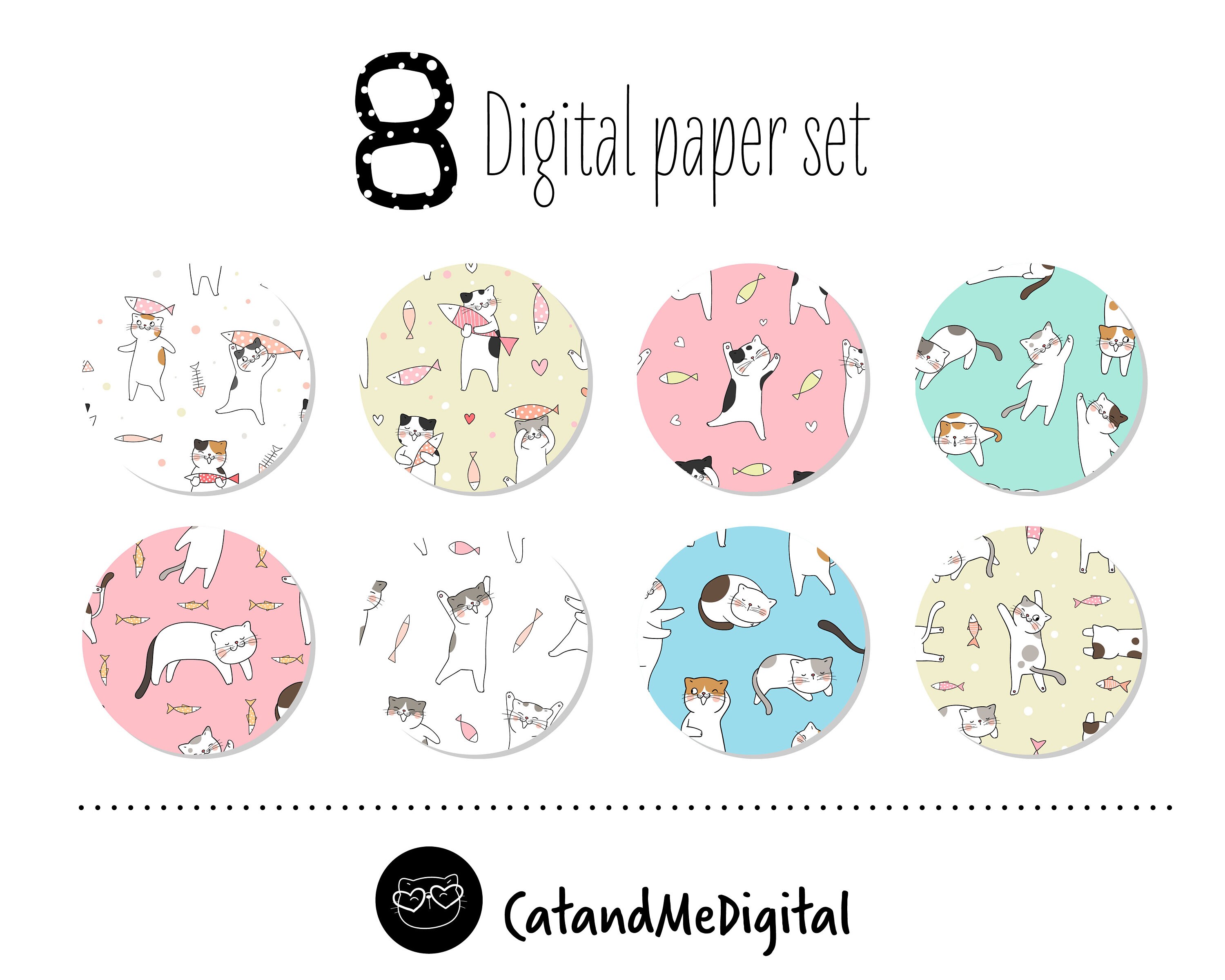 Happy Cat and Fish Digital Paper. Kitten Patterns for Fabric - Etsy