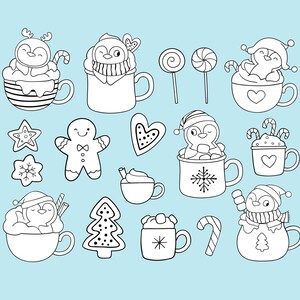 Sweet Christmas Digital Stamp Penguin Clipart Winter Drinks Hot ...