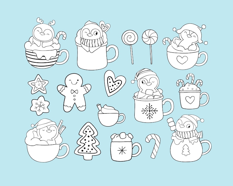 Sweet Christmas Digital Stamp Penguin Clipart Winter Drinks Hot ...