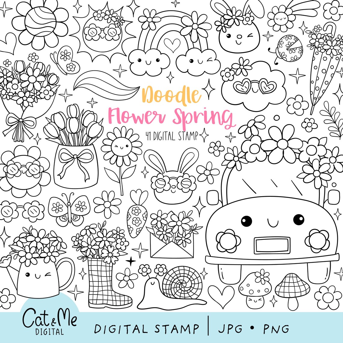Doodle Flower Spring Digital Stamp Outline Spring Coloring Flower Power ...