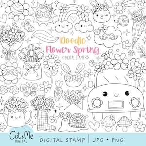 Doodle Flower Spring Digital Stamp Outline Spring Coloring Flower Power ...