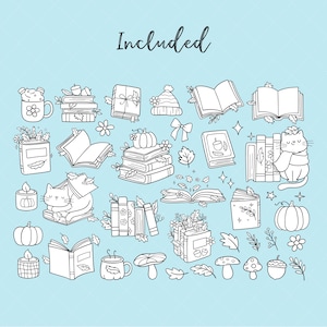 Fall Bookish Digital Stamp Autumn Reading Stamp Outline Cozy Readers ...