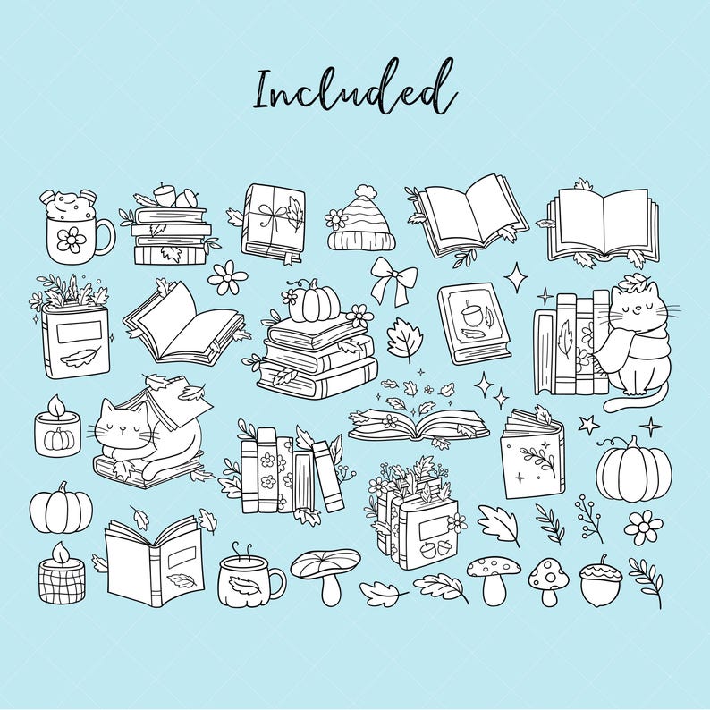 Fall Bookish Digital Stamp Autumn Reading Stamp Outline Cozy Readers ...