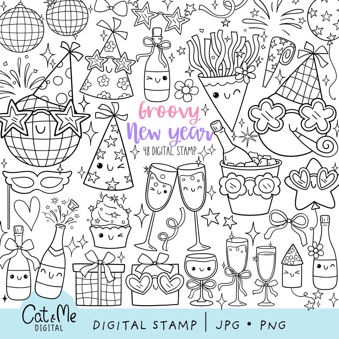 Groovy Retro New Year Digital Stamp Party Coloring Doodle Year's Eve ...