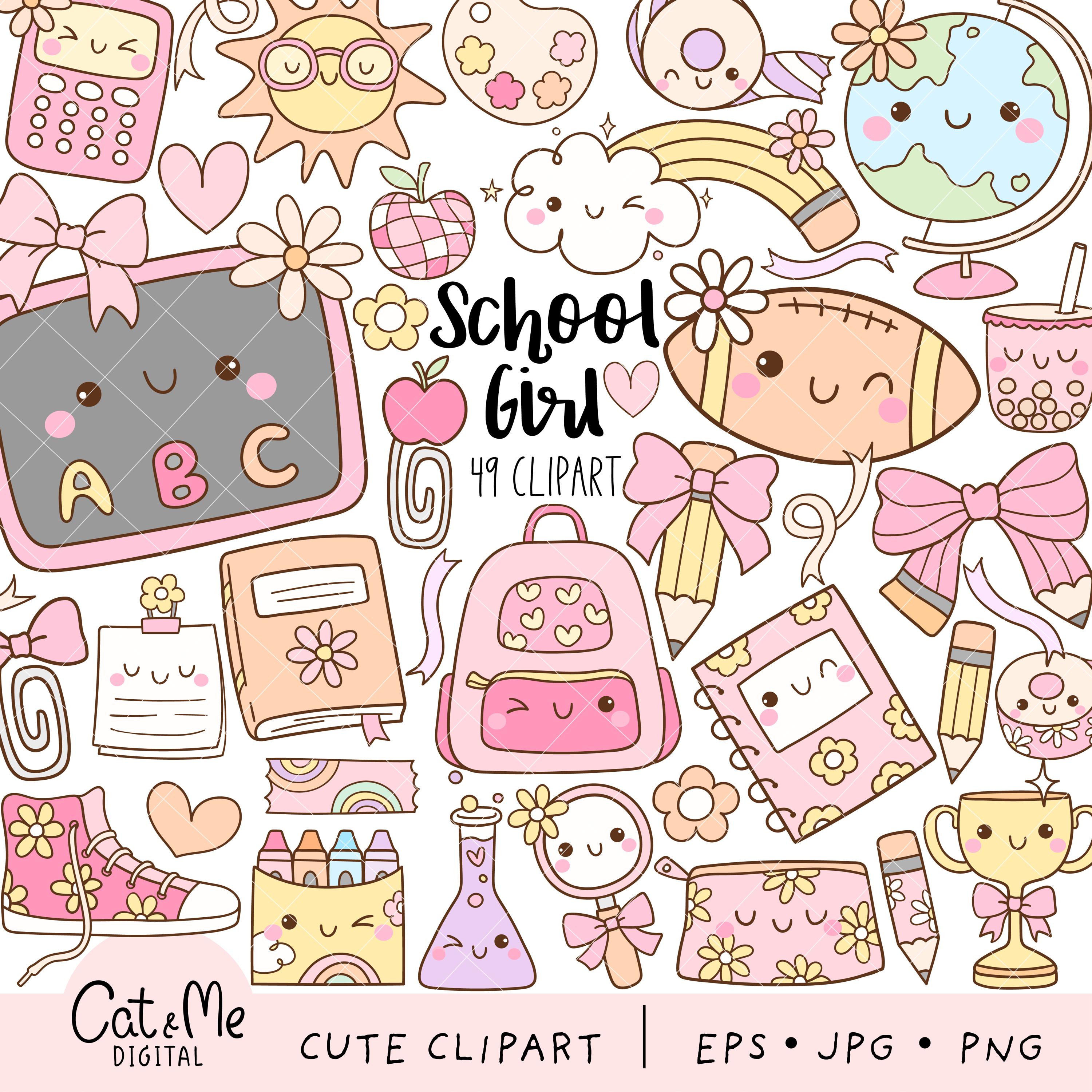 School Girl Clipart Pastel School Supplies Png Pink Back to School ...
