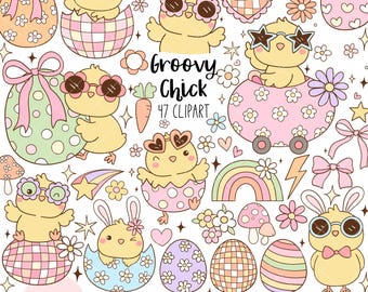 Retro Groovy Easter Clipart Hippie Clipart Spring Garden Clipart Pastel ...