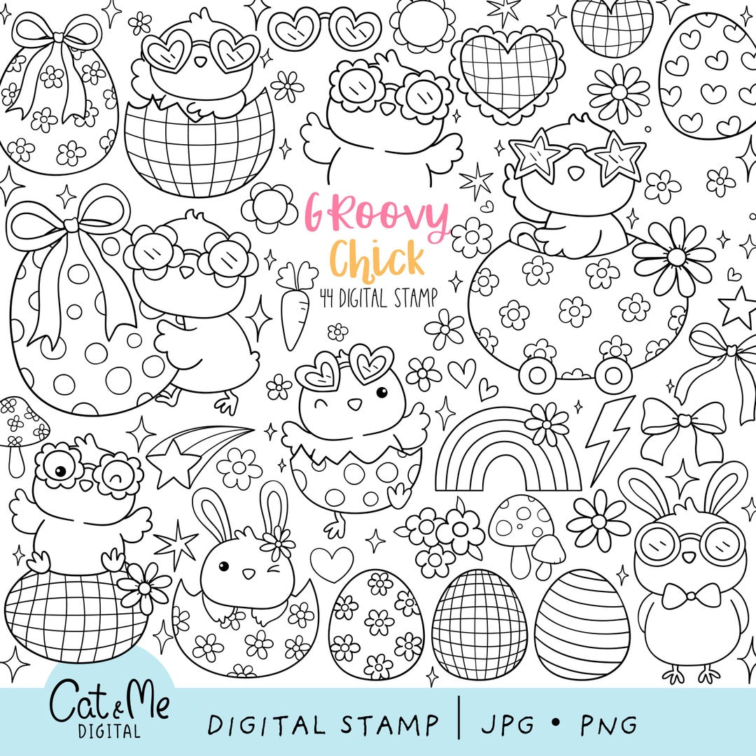 Groovy Chick Digital Stamp Easter Day Coloring Outline Easter Png ...