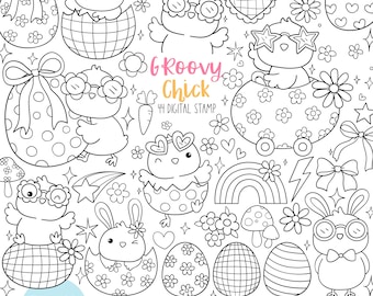 Doodle Groovy Easter Digital Stamp Retro Easter Stamp Spring Coloring ...
