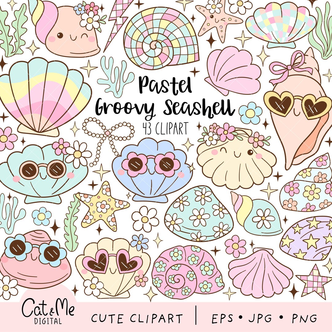 Pastel Groovy Seashell Clipart Floral Seashell Png Retro Summer Png ...