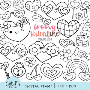 Groovy Valentine Digital Stamp Doodle Outline Coloring Valentine's Day ...