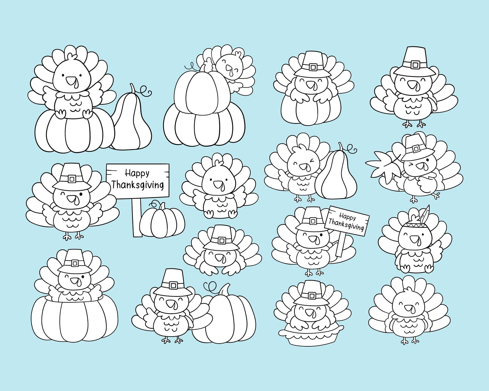 Cute Turkey Digital Stamp Outline Coloring Autumn Clipart Fall Clipart ...