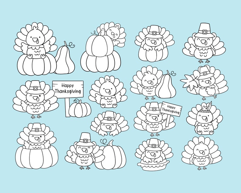 Cute Turkey Digital Stamp Outline Coloring Autumn Clipart Fall - Etsy