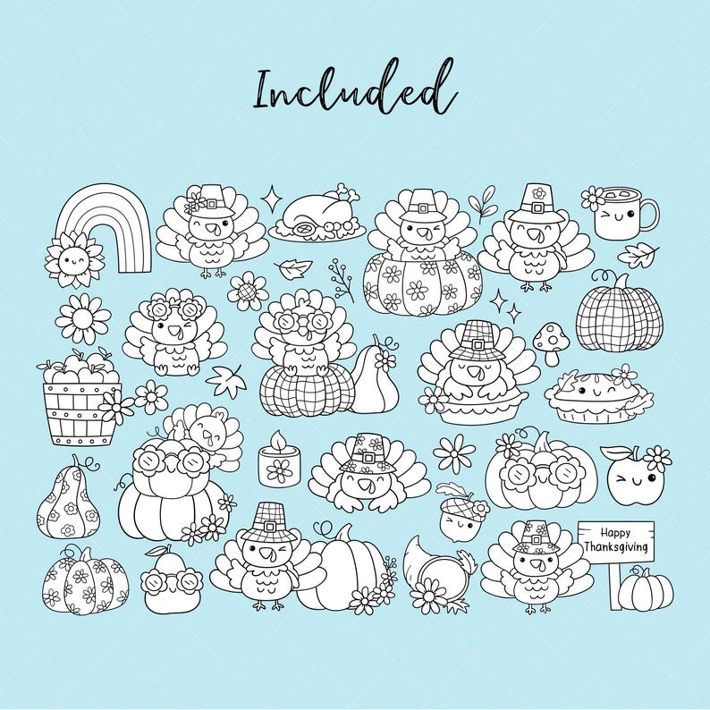 Doodle Groovy Thanksgiving Digital Stamp Outline Thanksgiving Day Fall ...
