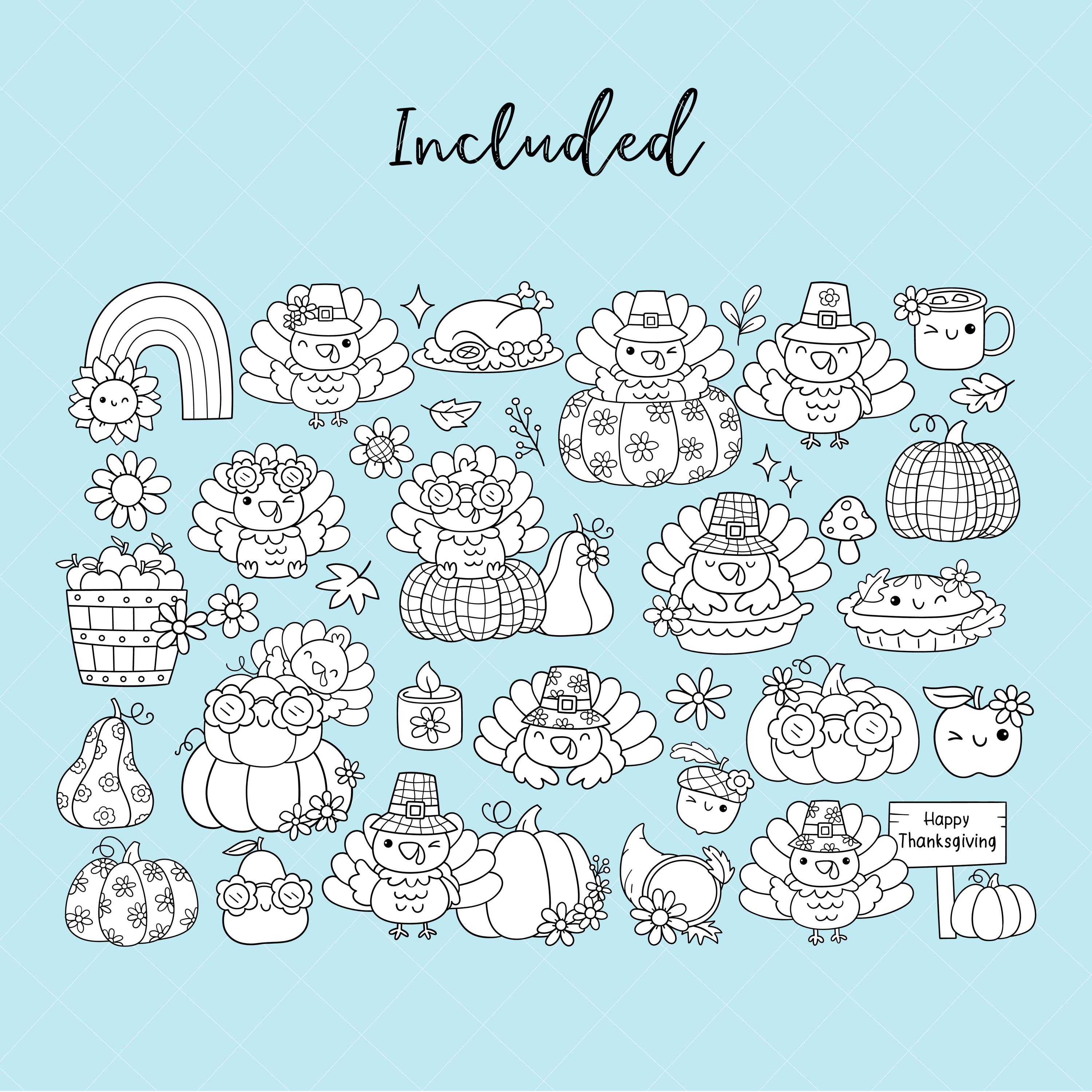 Doodle Groovy Thanksgiving Digital Stamp Outline Thanksgiving Day Fall ...