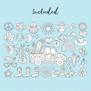 Retro Western Digital Stamp Doodle Groovy Cowboy Png Outline 70s Hippie ...