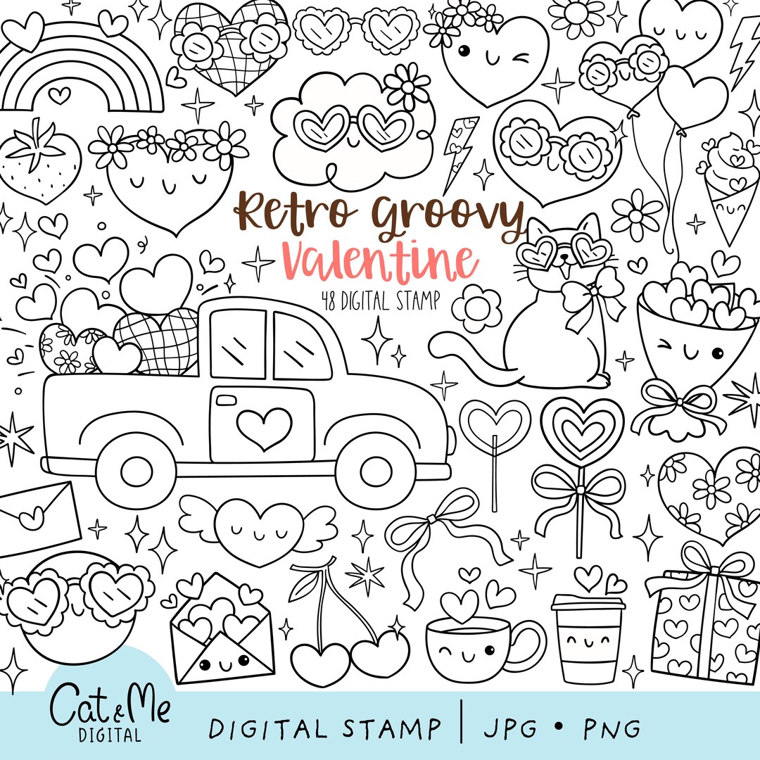 Groovy Valentine Digital Stamp Retro Valentine Day Png Hippie Love ...