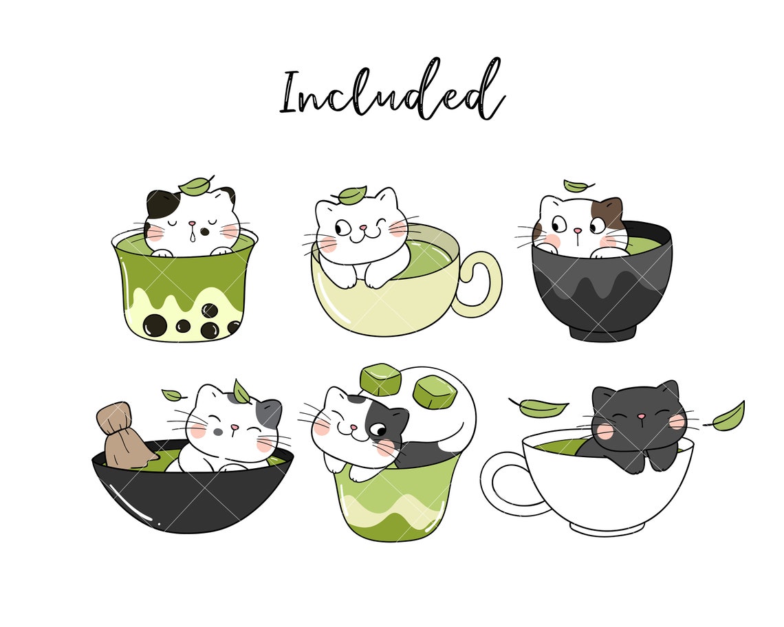 Matcha Cats Clipart Cat Clipart Green Tea Clipart Beverage Clipart ...