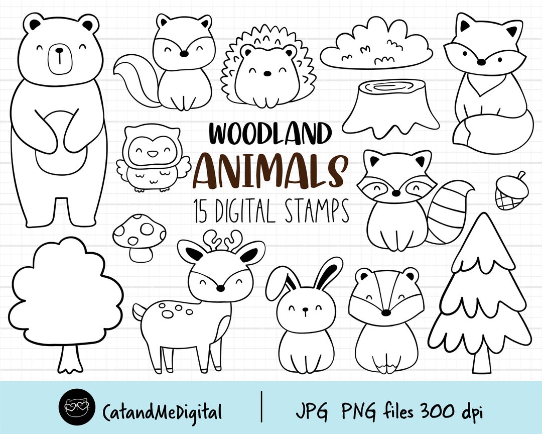 Woodland Animal Digital Stamp Wild Animals Clipart Outline Coloring ...