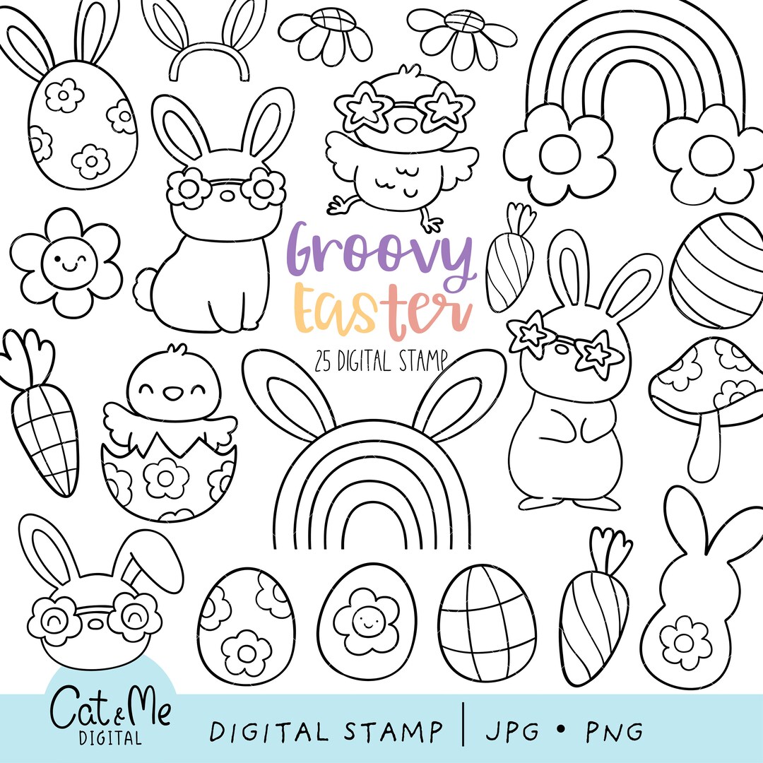 Groovy Easter Digital Stamp Doodle Outline Coloring Easter Clipart ...