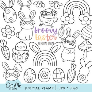 Groovy Easter Digital Stamp Doodle Outline Coloring Easter Clipart ...