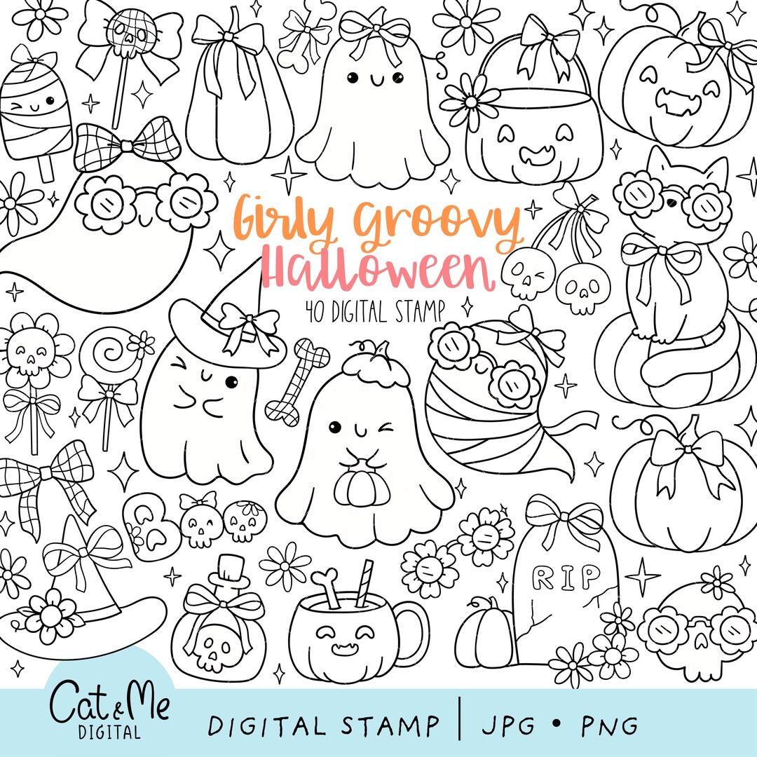 Girly Groovy Halloween Digital Stamp Doodle Coquette Halloween Outline ...