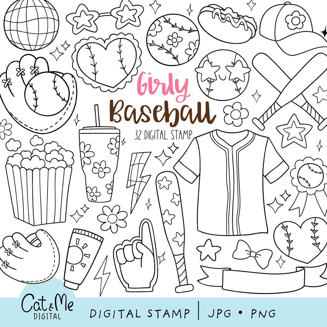 Doodle Girly Baseball Digital Stamp Outline Baseball Png Hand Draw ...