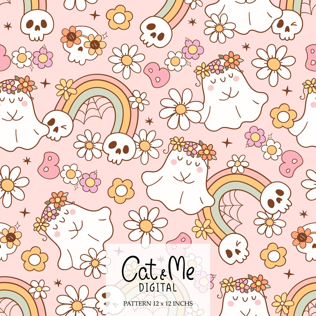 Rainbow Floral Ghost Pattern Groovy Halloween Seamless Spooky Ghost ...