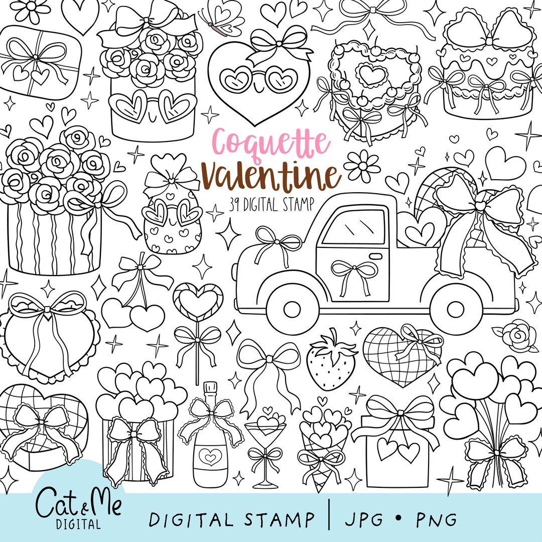 Coquette Valentine Digital Stamp Girly Valentine Stamp Outline ...