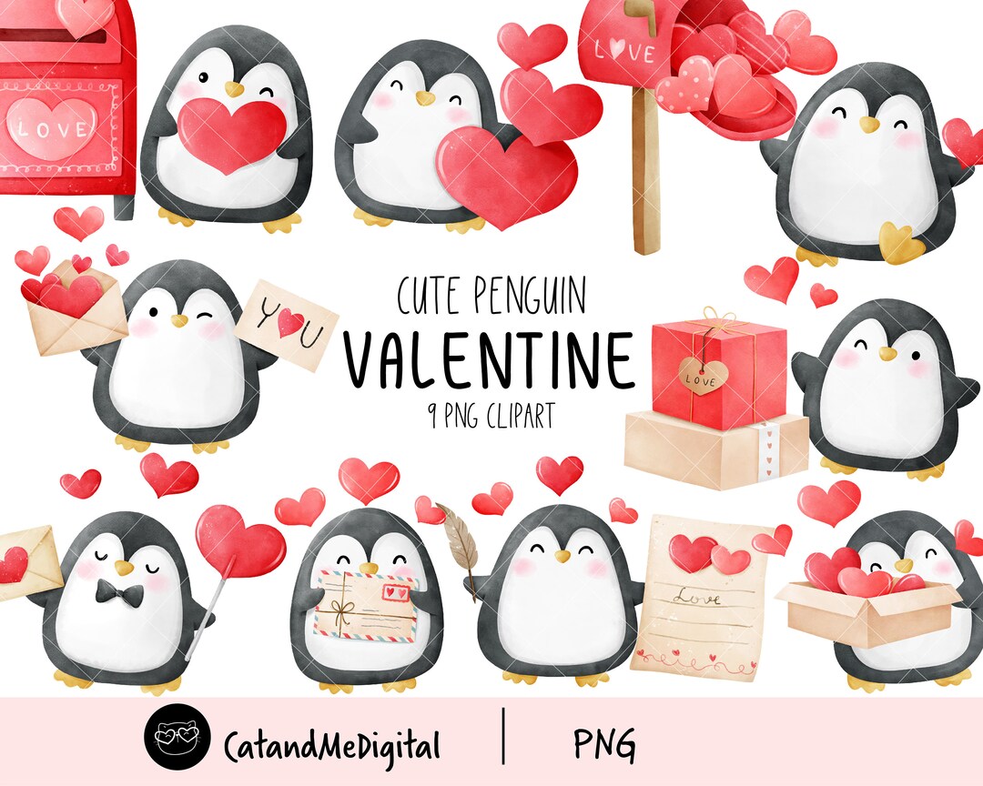 Penguin Valentine Clipart Letter Clipart Mail Clipart Watercolor Animal ...