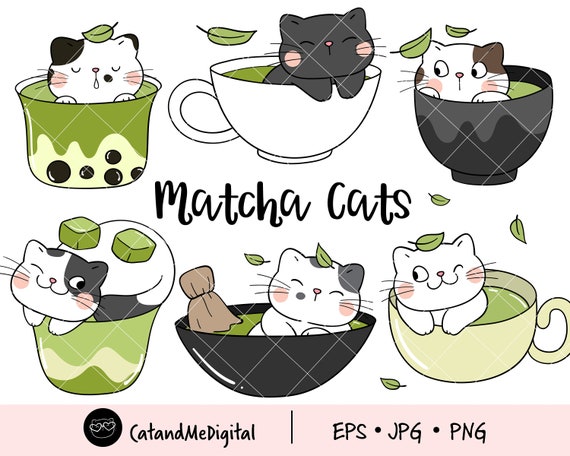 Matcha Cats Clipart Cat Clipart Green Tea Clipart Beverage - Etsy
