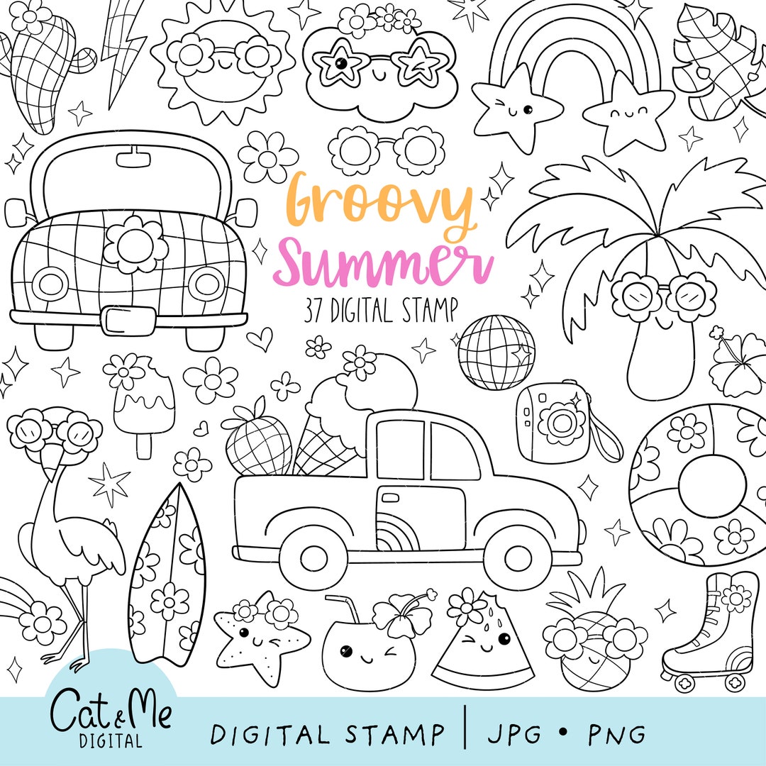 Groovy Summer Digital Stamp Doodle Outline Coloring Retro Summer Hippie ...