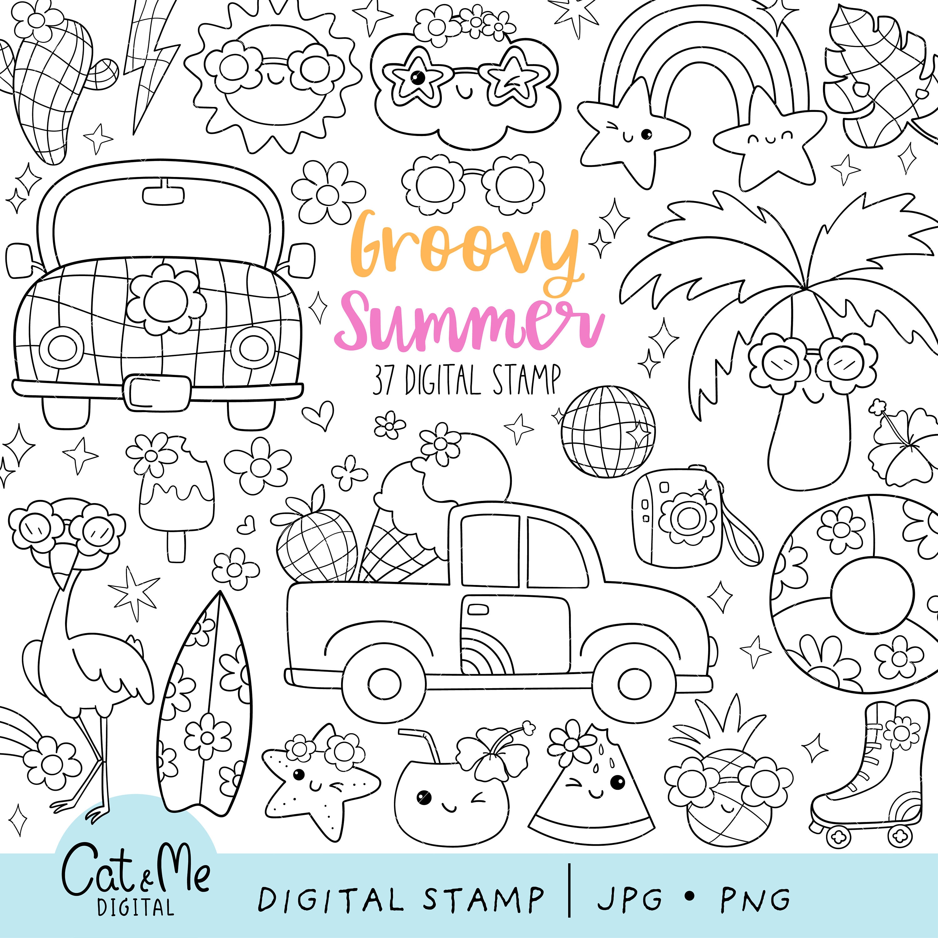 Groovy Summer Digital Stamp Doodle Outline Coloring Retro Summer Hippie ...